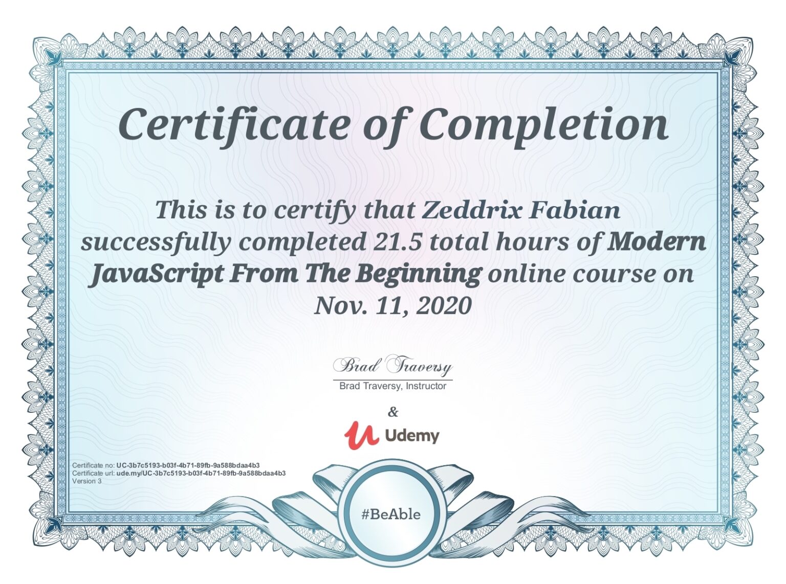 Modern JavaScript From The Beginning—CERTIFICATE - BeAmaZedd